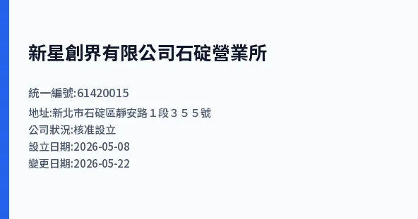 新星創界有限公司石碇營業所的照片-統編 61420015(新北市) 公司登記資料與營業項目詳細圖表