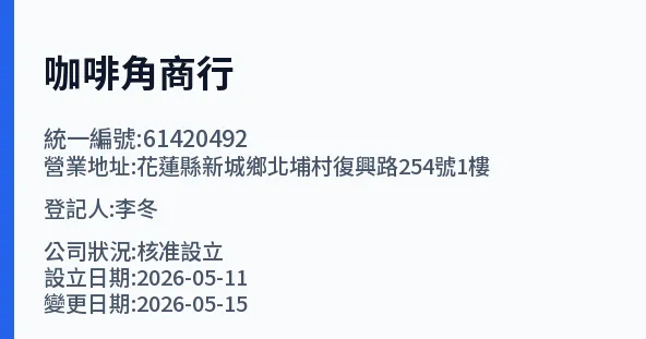 咖啡角商行的照片-統編 61420492(花蓮縣) 公司登記資料與營業項目詳細圖表