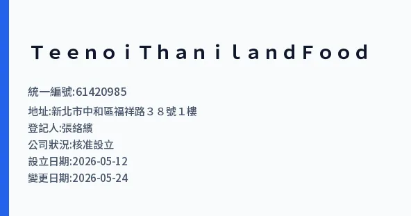 Teenoi Thaniland Food的照片-統編 61420985(新北市) 公司登記資料與營業項目詳細圖表