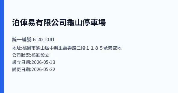 泊俥易有限公司龜山停車場的照片-統編 61421041(桃園市) 公司登記資料與營業項目詳細圖表
