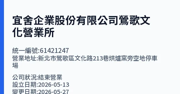 宜舍企業股份有限公司鶯歌文化營業所的照片-統編 61421247(新北市) 公司登記資料與營業項目詳細圖表