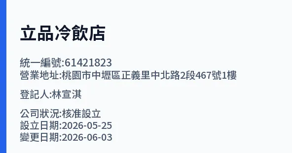立品冷飲店的照片-統編 61421823(桃園市) 公司登記資料與營業項目詳細圖表