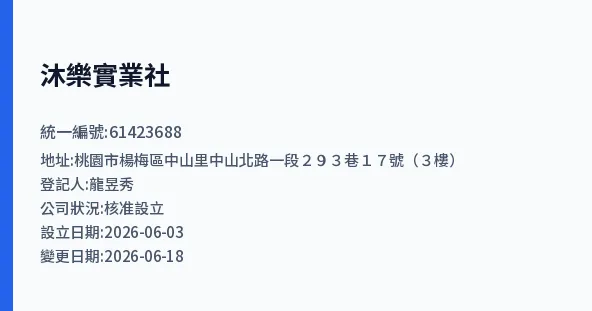 沐樂實業社的照片-統編 61423688(桃園市) 公司登記資料與營業項目詳細圖表