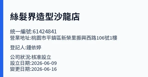 絲髮界造型沙龍店的照片-統編 61424841(桃園市) 公司登記資料與營業項目詳細圖表