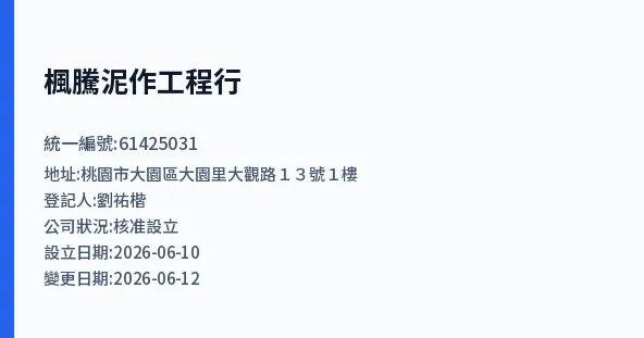 楓騰泥作工程行的照片-統編 61425031(桃園市) 公司登記資料與營業項目詳細圖表