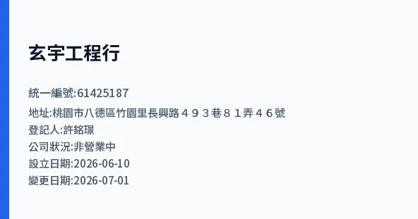 玄宇工程行的照片-統編 61425187(桃園市) 公司登記資料與營業項目詳細圖表
