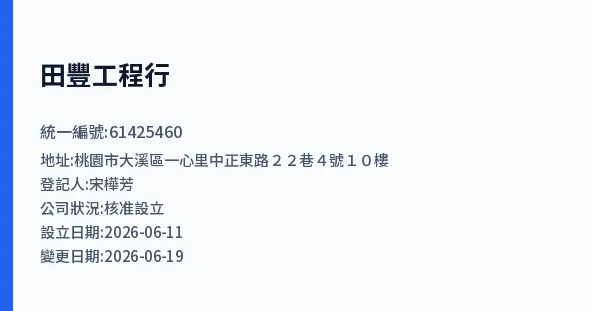田豐工程行的照片-統編 61425460(桃園市) 公司登記資料與營業項目詳細圖表