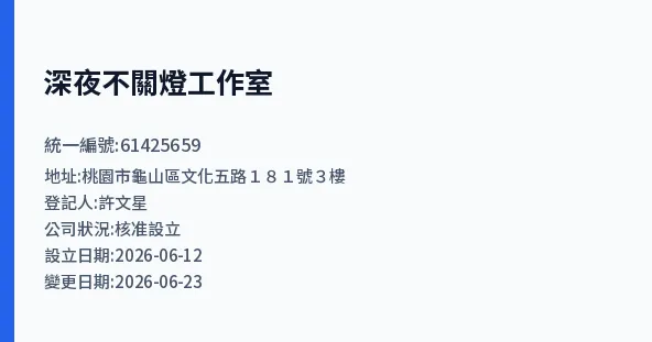 深夜不關燈工作室的照片-統編 61425659(桃園市) 公司登記資料與營業項目詳細圖表