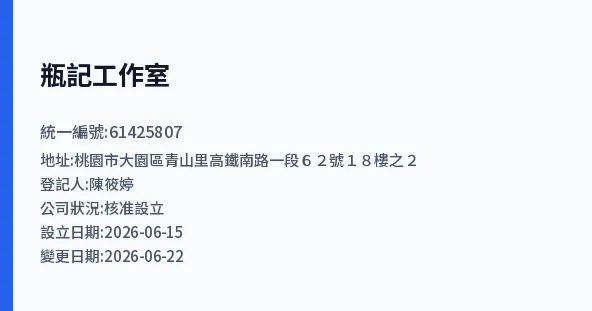 瓶記工作室的照片-統編 61425807(桃園市) 公司登記資料與營業項目詳細圖表