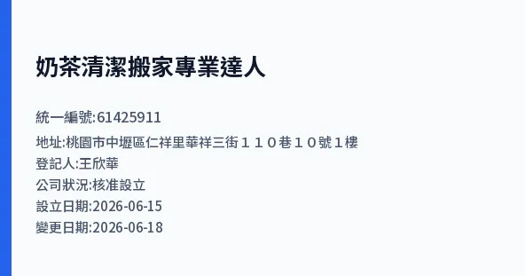 奶茶清潔搬家專業達人的照片-統編 61425911(桃園市) 公司登記資料與營業項目詳細圖表