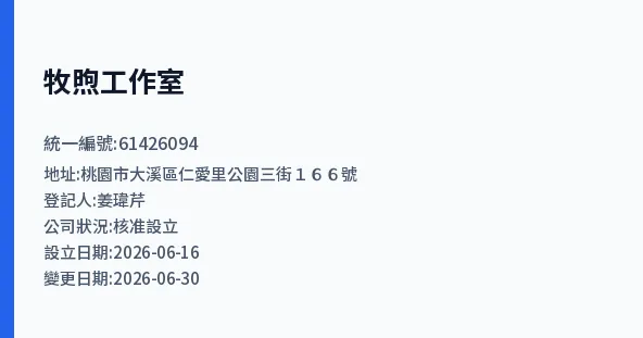 牧煦工作室的照片-統編 61426094(桃園市) 公司登記資料與營業項目詳細圖表