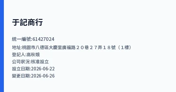 于記商行的照片-統編 61427024(桃園市) 公司登記資料與營業項目詳細圖表