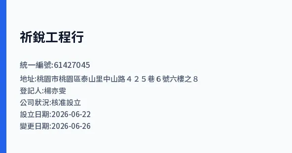 祈銳工程行的照片-統編 61427045(桃園市) 公司登記資料與營業項目詳細圖表