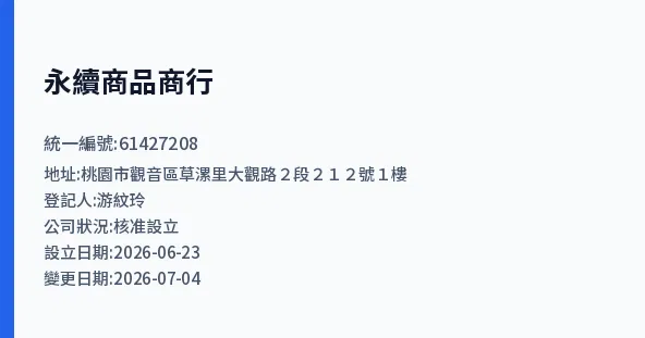 永續商品商行的照片-統編 61427208(桃園市) 公司登記資料與營業項目詳細圖表
