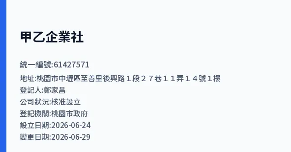 甲乙企業社的照片-統編 61427571(桃園市) 公司登記資料與營業項目詳細圖表