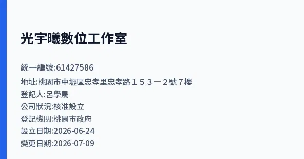 光宇曦數位工作室的照片-統編 61427586(桃園市) 公司登記資料與營業項目詳細圖表