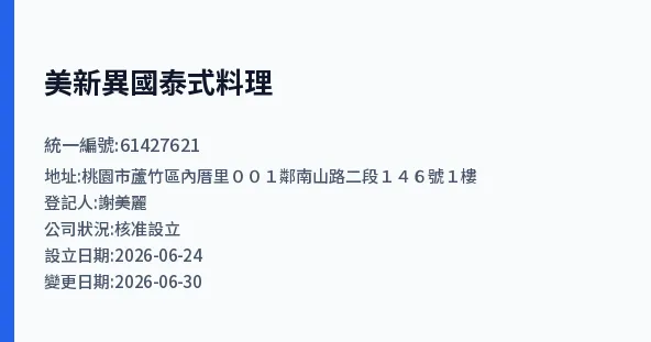 美新異國泰式料理的照片-統編 61427621(桃園市) 公司登記資料與營業項目詳細圖表