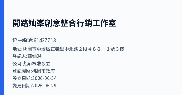 開路奾峯創意整合行銷工作室的照片-統編 61427713(桃園市) 公司登記資料與營業項目詳細圖表