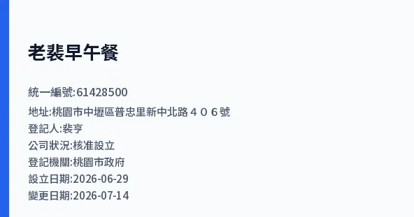 老裴早午餐的照片-統編 61428500(桃園市) 公司登記資料與營業項目詳細圖表