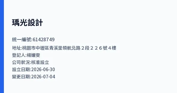 瑀光設計的照片-統編 61428749(桃園市) 公司登記資料與營業項目詳細圖表