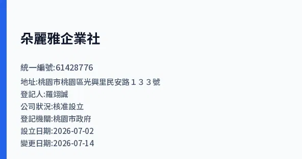 朵麗雅企業社的照片-統編 61428776(桃園市) 公司登記資料與營業項目詳細圖表