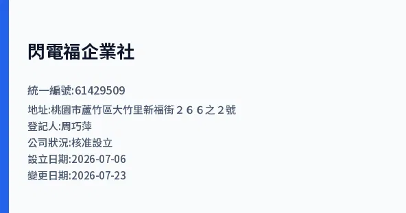 閃電福企業社的照片-統編 61429509(桃園市) 公司登記資料與營業項目詳細圖表