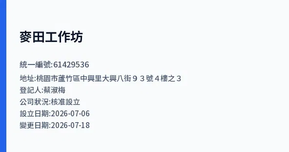 麥田工作坊的照片-統編 61429536(桃園市) 公司登記資料與營業項目詳細圖表