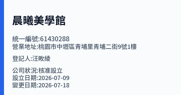 晨曦美學館的照片-統編 61430288(桃園市) 公司登記資料與營業項目詳細圖表