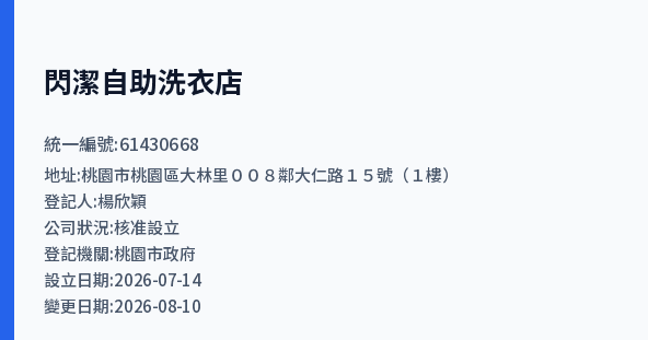 閃潔自助洗衣店的照片-統編 61430668(桃園市) 公司登記資料與營業項目詳細圖表