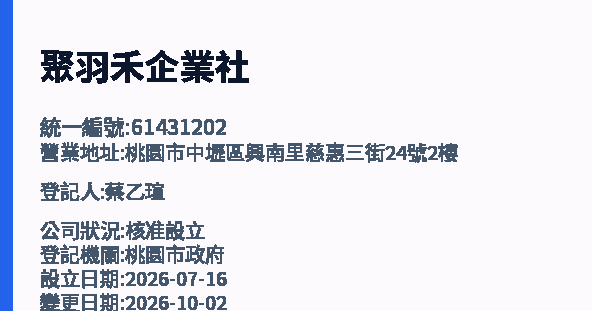 聚羽禾企業社的照片-統編 61431202(桃園市) 公司登記資料與營業項目詳細圖表