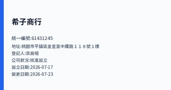 希子商行的照片-統編 61431245(桃園市) 公司登記資料與營業項目詳細圖表