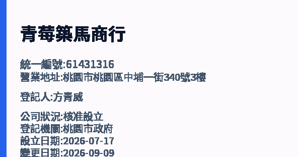 青莓築馬商行的照片-統編 61431316(桃園市) 公司登記資料與營業項目詳細圖表