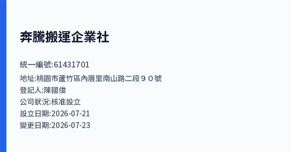 奔騰搬運企業社的照片-統編 61431701(桃園市) 公司登記資料與營業項目詳細圖表