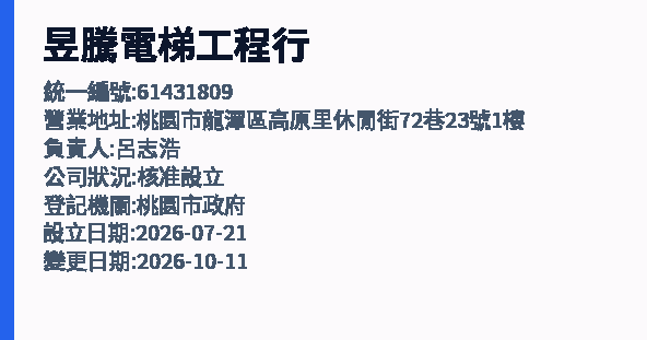 昱騰電梯工程行的照片-統編 61431809(桃園市) 公司登記資料與營業項目詳細圖表