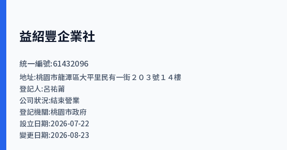 益紹豐企業社的照片-統編 61432096(桃園市) 公司登記資料與營業項目詳細圖表