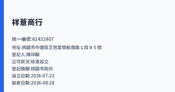 祥薏商行的照片-統編 61432407(桃園市) 公司登記資料與營業項目詳細圖表