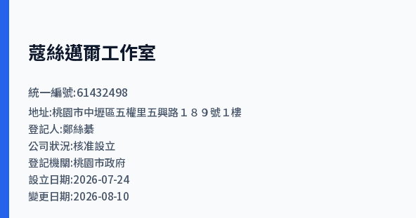 蔻絲邁爾工作室的照片-統編 61432498(桃園市) 公司登記資料與營業項目詳細圖表