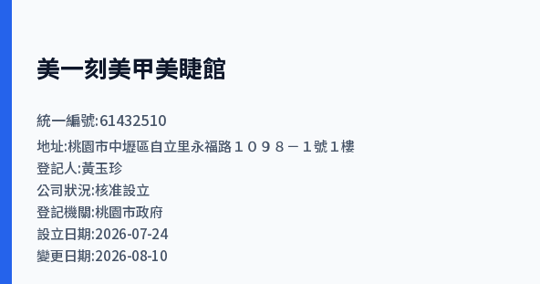 美一刻美甲美睫館的照片-統編 61432510(桃園市) 公司登記資料與營業項目詳細圖表