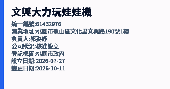 文興大力玩娃娃機的照片-統編 61432976(桃園市) 公司登記資料與營業項目詳細圖表