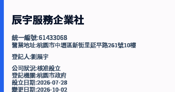 辰宇服務企業社的照片-統編 61433068(桃園市) 公司登記資料與營業項目詳細圖表
