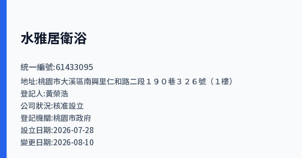水雅居衛浴的照片-統編 61433095(桃園市) 公司登記資料與營業項目詳細圖表