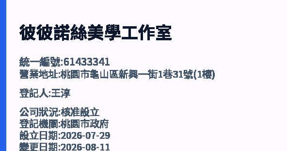 彼彼諾絲美學工作室的照片-統編 61433341(桃園市) 公司登記資料與營業項目詳細圖表