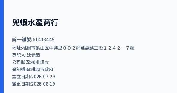 兜蝦水產商行的照片-統編 61433449(桃園市) 公司登記資料與營業項目詳細圖表