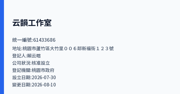 云韻工作室的照片-統編 61433686(桃園市) 公司登記資料與營業項目詳細圖表