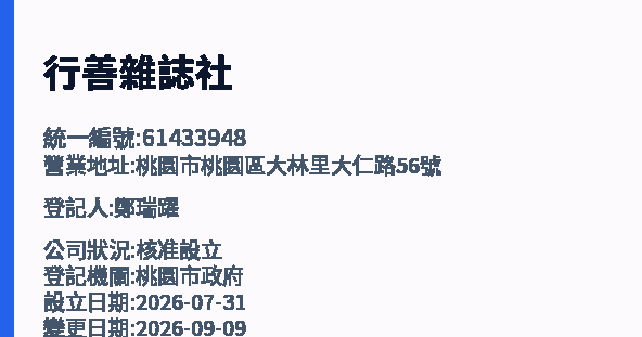 行善雜誌社的照片-統編 61433948 公司登記資料與營業項目詳細圖表