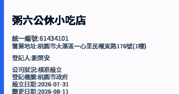 粥六公休小吃店的照片-統編 61434101(桃園市) 公司登記資料與營業項目詳細圖表