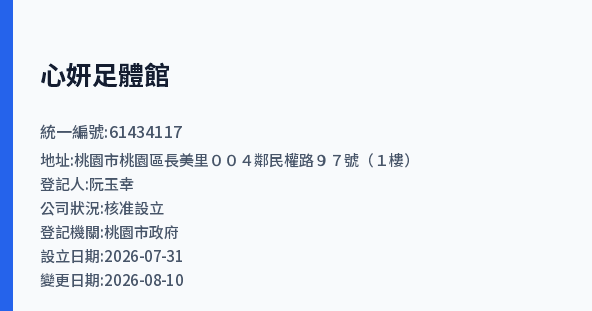 心妍足體館的照片-統編 61434117(桃園市) 公司登記資料與營業項目詳細圖表