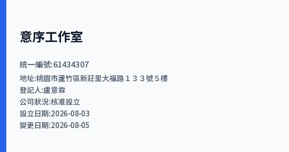 意序工作室的照片-統編 61434307(桃園市) 公司登記資料與營業項目詳細圖表