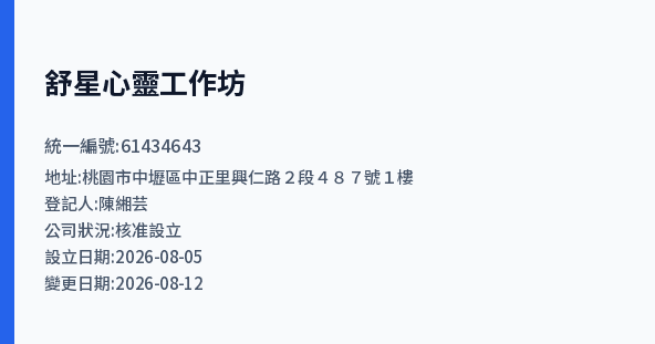 舒星心靈工作坊的照片-統編 61434643(桃園市) 公司登記資料與營業項目詳細圖表