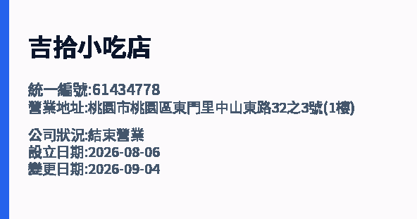 吉拾小吃店的照片-統編 61434778(桃園市) 公司登記資料與營業項目詳細圖表